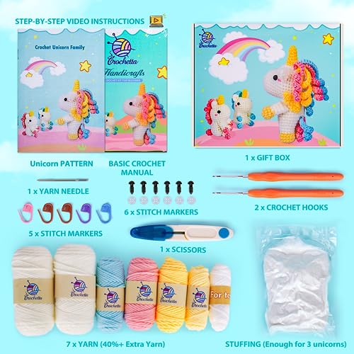 Crochetta Crochet Kit for Beginners, Amigurumi Crocheting Animals Kits w Step-by-Step Video Tutorials, Knitting Starter Pack for Adults and Kids, Jumbo 3 Unicorn Familly (40%+ Yarn Content)
