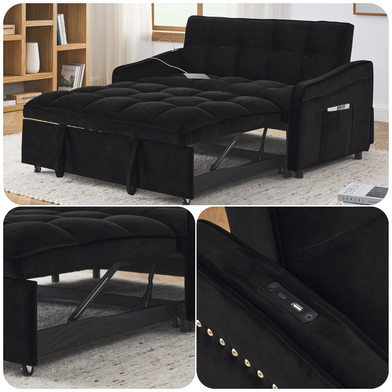 ChicFurnit Sofa Bed, Loveseat, Sofa Bed with Pull-Out Bed, Comfy Couch with TypeC and USB Charging, Reversible Sectional Couches with Adjsutable Back for Living Room, Office & Home Apartment, Grey