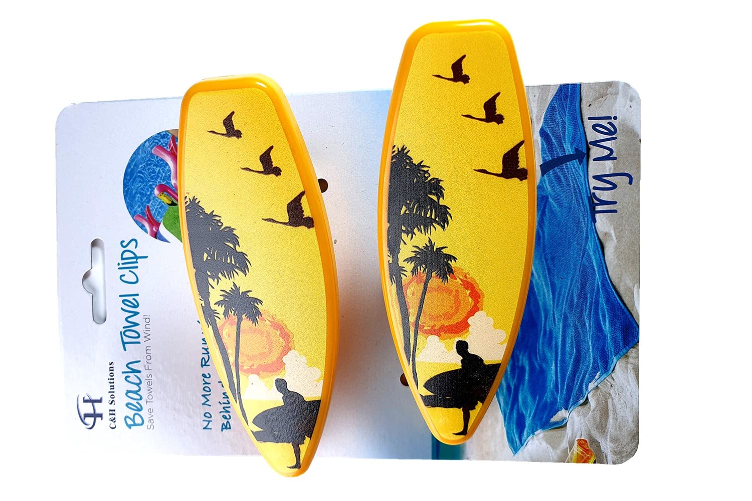 Yellow Surfboard Style Beach Towel Clips Jumbo Size for Beach Chair, Cruise Beach Patio, Pool Accessories for Chairs, Household Clip, Baby Stroller. by C&H Solutions
