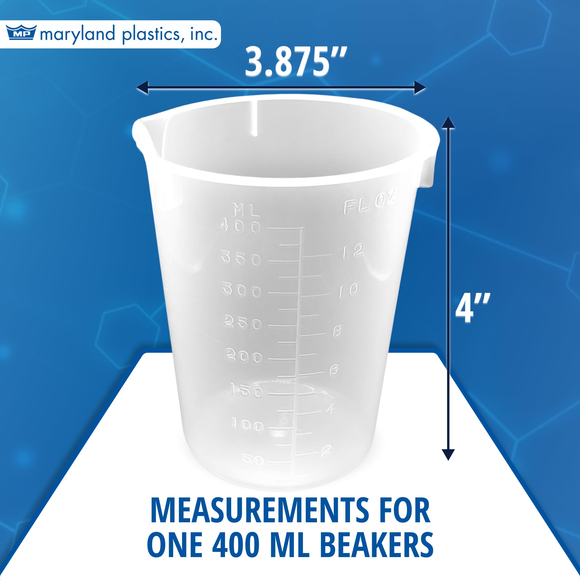 Plastic Beaker 400ml / 13.5 oz Set of 50 by Maryland Plastics – Clear Graduated Disposable Beakers with Pour Spout – Ideal for Resin Mixing, Science Labs, and Home Use