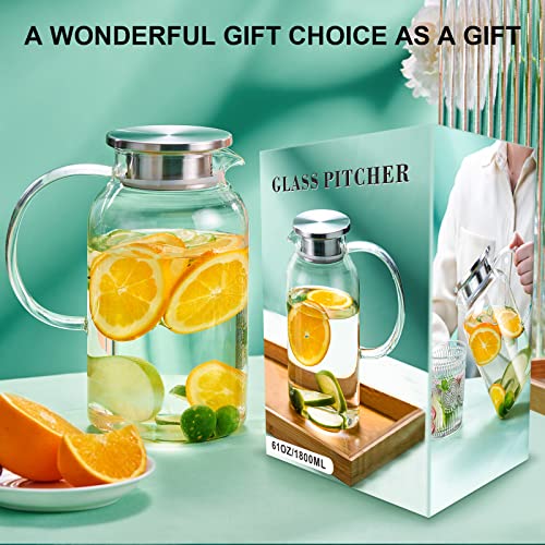 PARACITY Glass Pitcher with Lid, Hot& Cold Glass Water Pitcher with Handle, Iced Tea Pitcher Carafe for Coffee, Juice, Lemonade and Milk 61oz/ 1.8L…