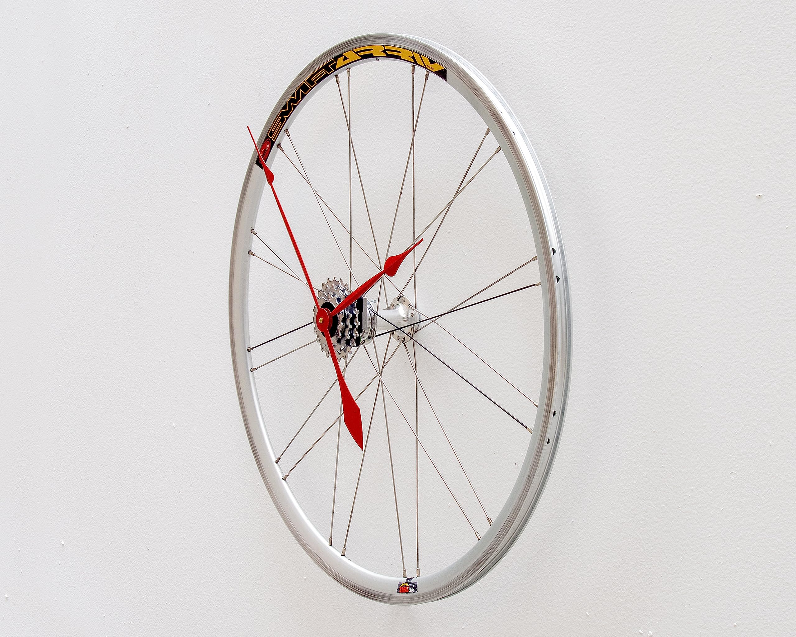 Bike Wheel Clock, Large, Wall, gear, Cycle, Gift, Unique, Steampunk, Decor, Bicycle, Modern, road, repurpose, reuse, upcycle, recycle, red