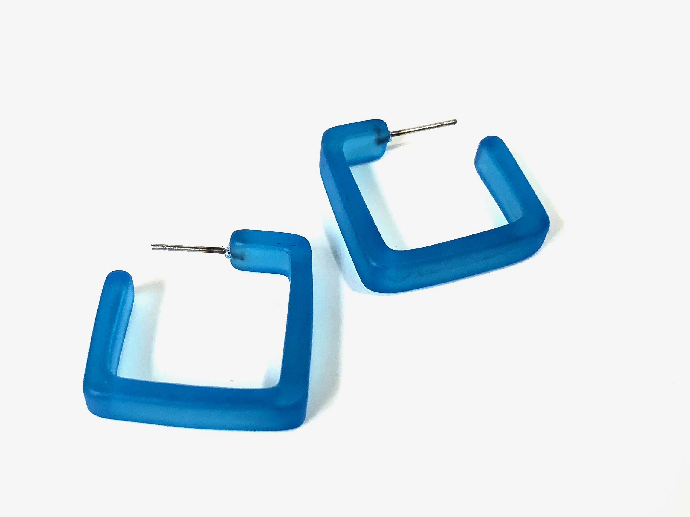 Aqua Blue Frosted Lucite Acrylic Square Hoop Earrings - SQH-BL-1