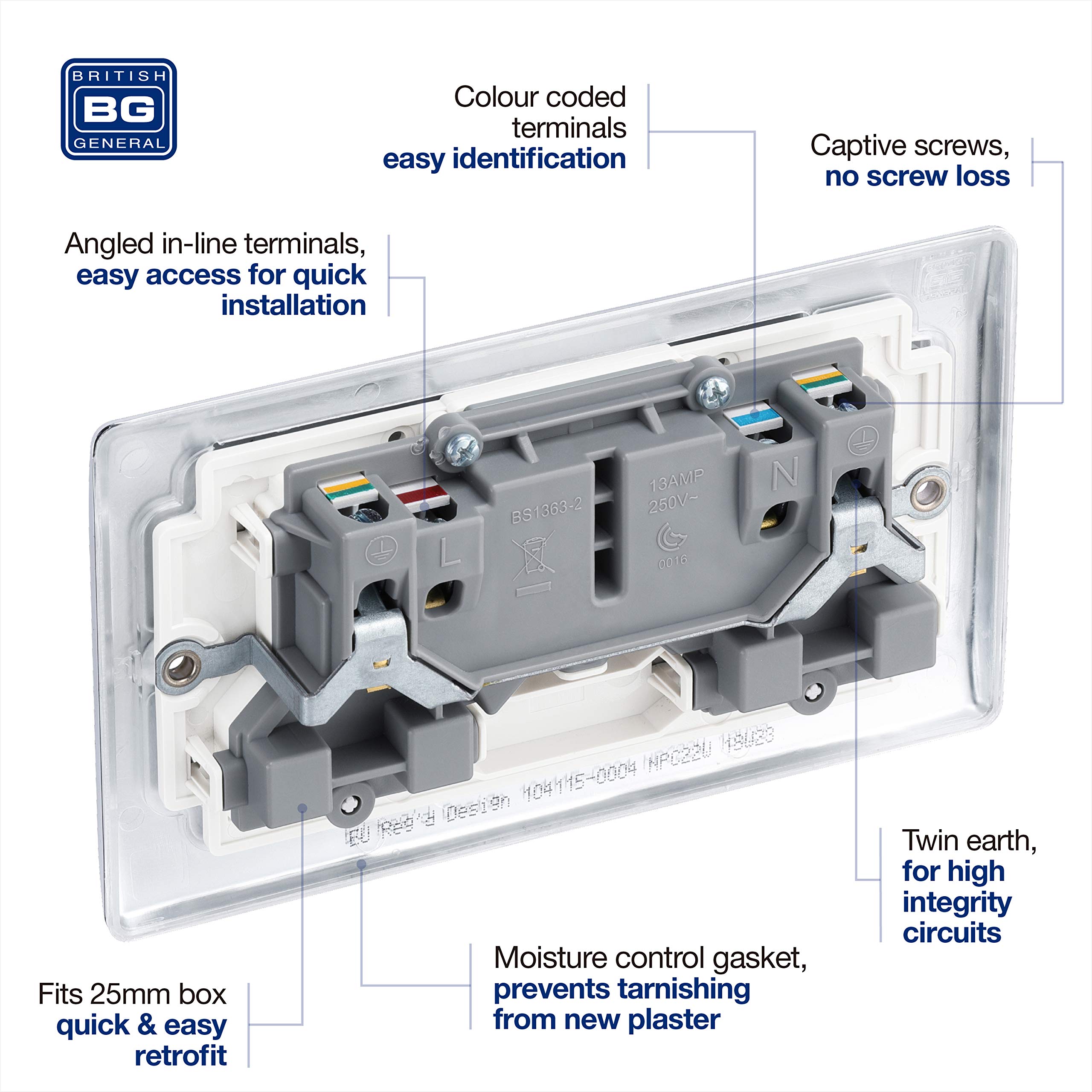 BG Electrical Double Switched Power Socket with White Inserts, Polished Chrome, 13 Amp