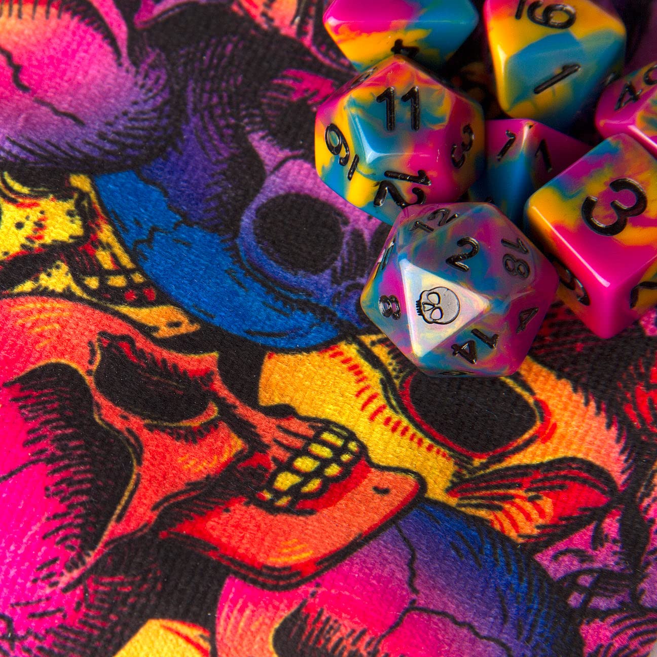 Rollooo Rainbow Skull DND Dice Set with Matching Velvet Drawstring Bag for Dungeons and Dragons Role Playing Table Game
