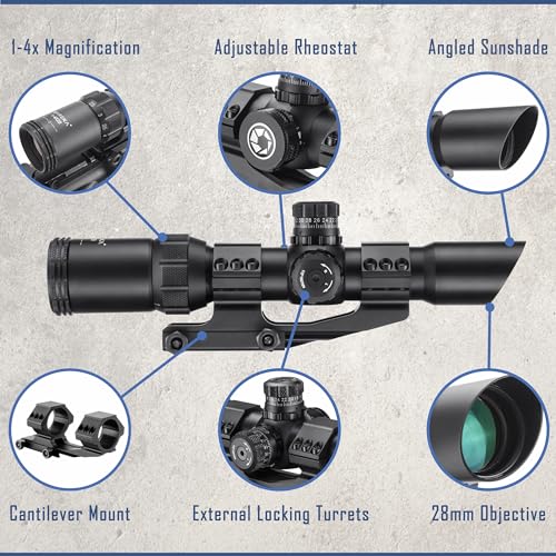 Barska Compact Rifle Scope Red/Green Illuminated Mil-Dot Reticle with Cantilever Rings - 1-4x28
