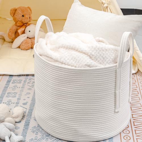 CubesLand Laundry Basket,Laundry Hamper Basket Bin for Laundry,Blanket Basket,Woven Rope Clothes Hamper,Blanket Basket for Living Room,Durable Soft Large Bin Basket with Handle,Round 58L Off White