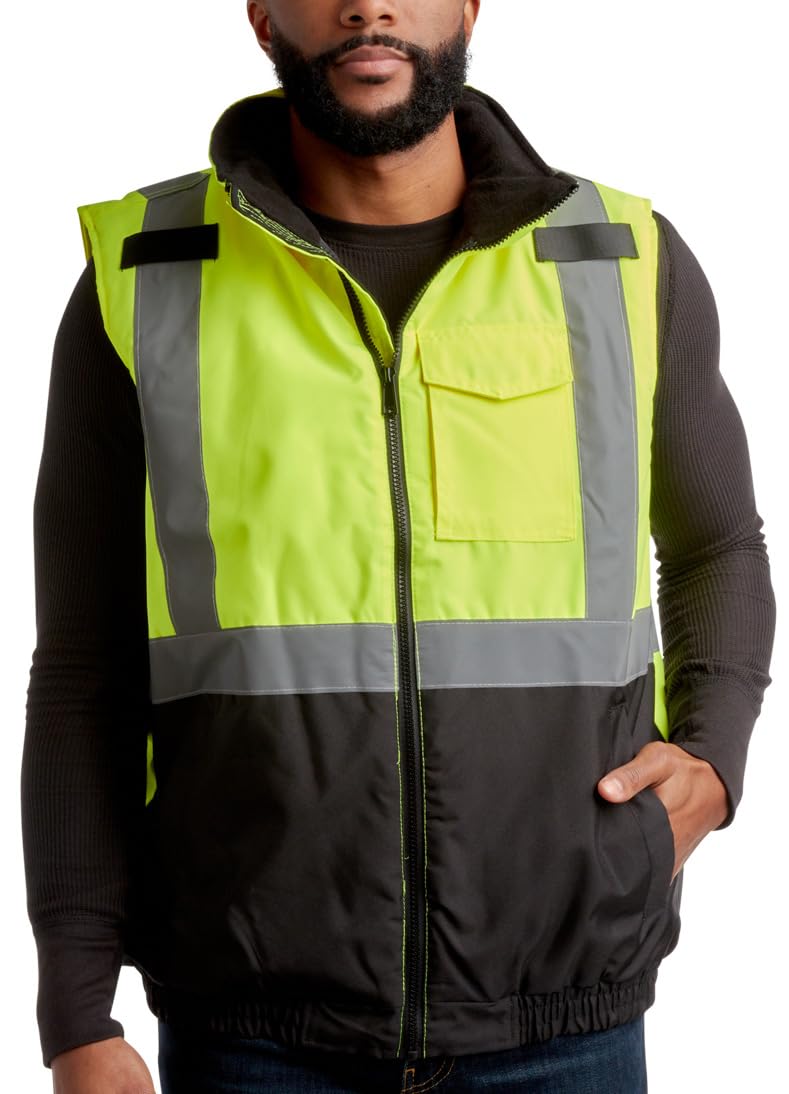 Bass Creek Outfitters Men's Safety Vest - High Visibility Workwear Insulated Construction Vest with Reflective Tape (M-XXL), Size Large, Hi Vis Yellow