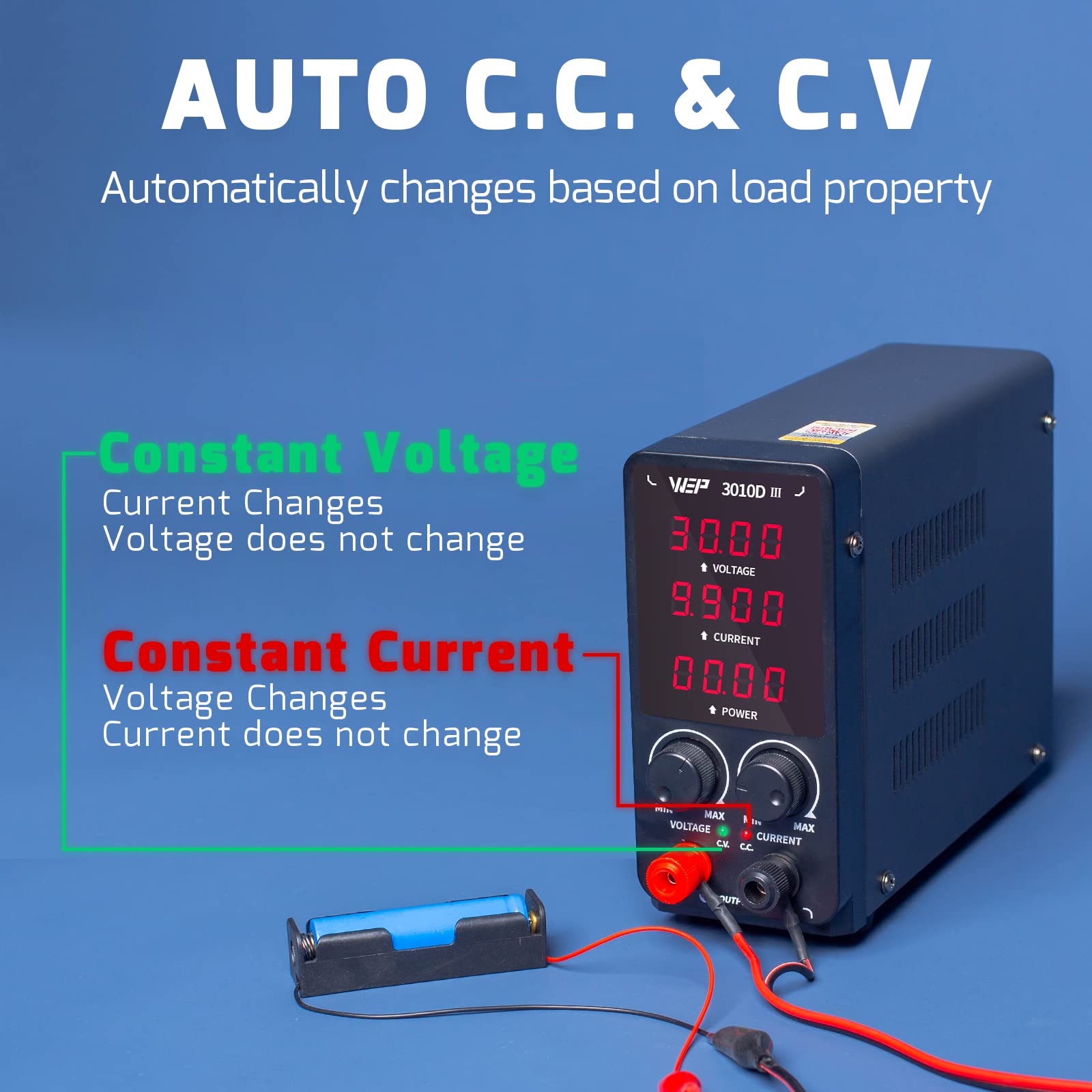 WEP 3010D-III DC Variable Power Supply 30.00V 10.00A High Precision Bench Lab Power Supply with Alligator Clips for anodizing kit, Electroplating, arduino, breadboard