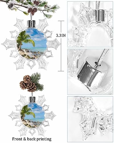 Christmas Snowflake Hanging Ornaments,Palm Tree Beach Sea Cloud Blue Sky Island Reef Stone Round Decorative Ornaments for Xmas Tree Home Party Holiday Decoration Supplies 3.3in,1 Piece