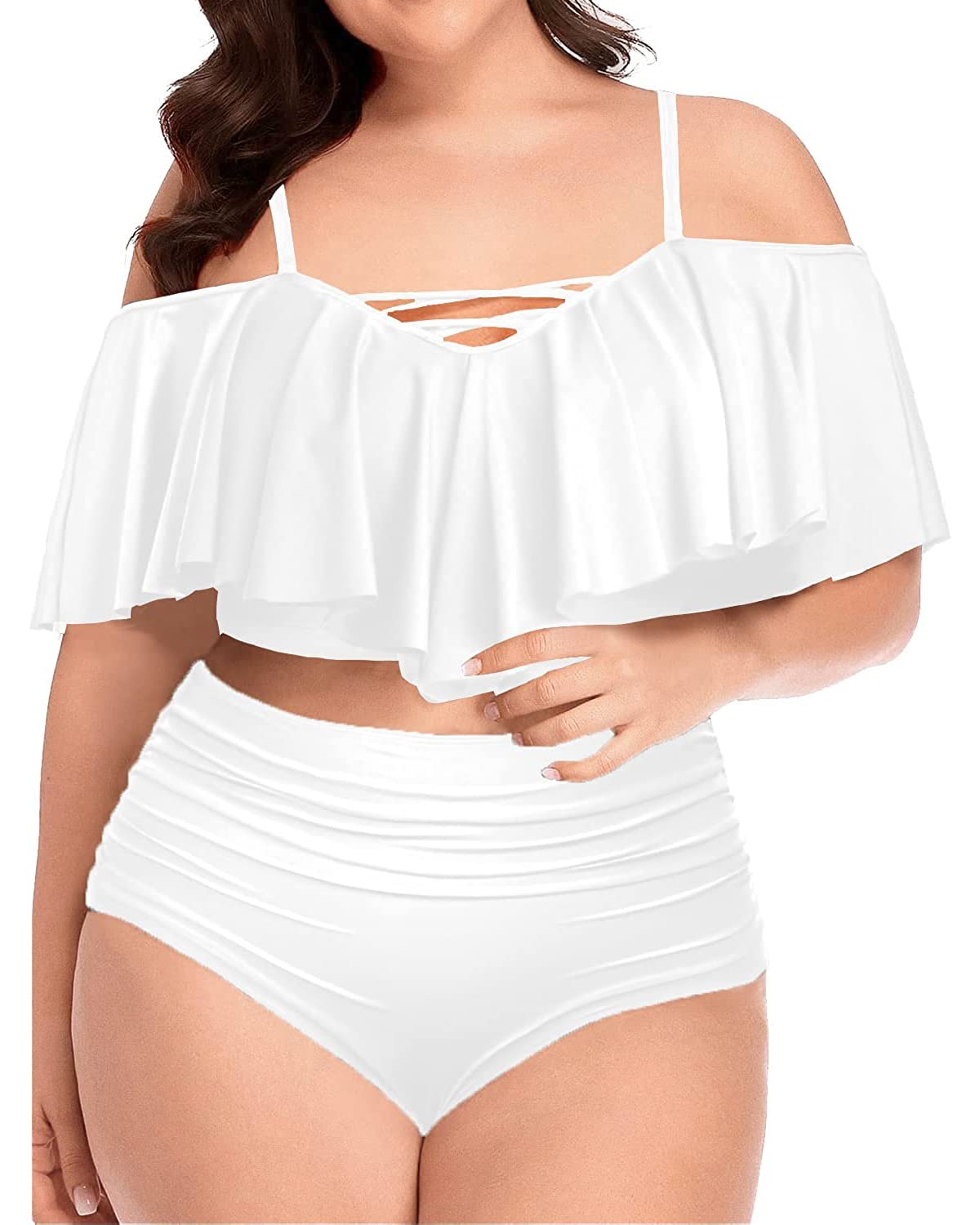 Aqua Eve Women's Plus Size 2 Piece Swimsuit Flounce Off Shoulder Bikini High Waisted Bathing Suits Purple 24W
