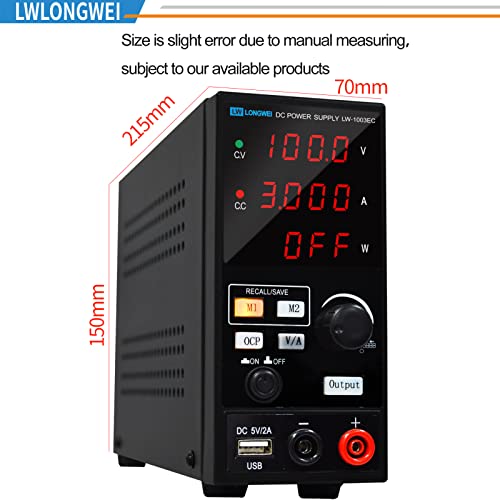 Lwlongwei Programmable DC Power Supply Variable, 100V 3A 300W Adjustable Switching Regulated DC Bench Power Supply with 4-Digits LED Power Display 5V/2A USB Output, Coarse and Fine Adjustments