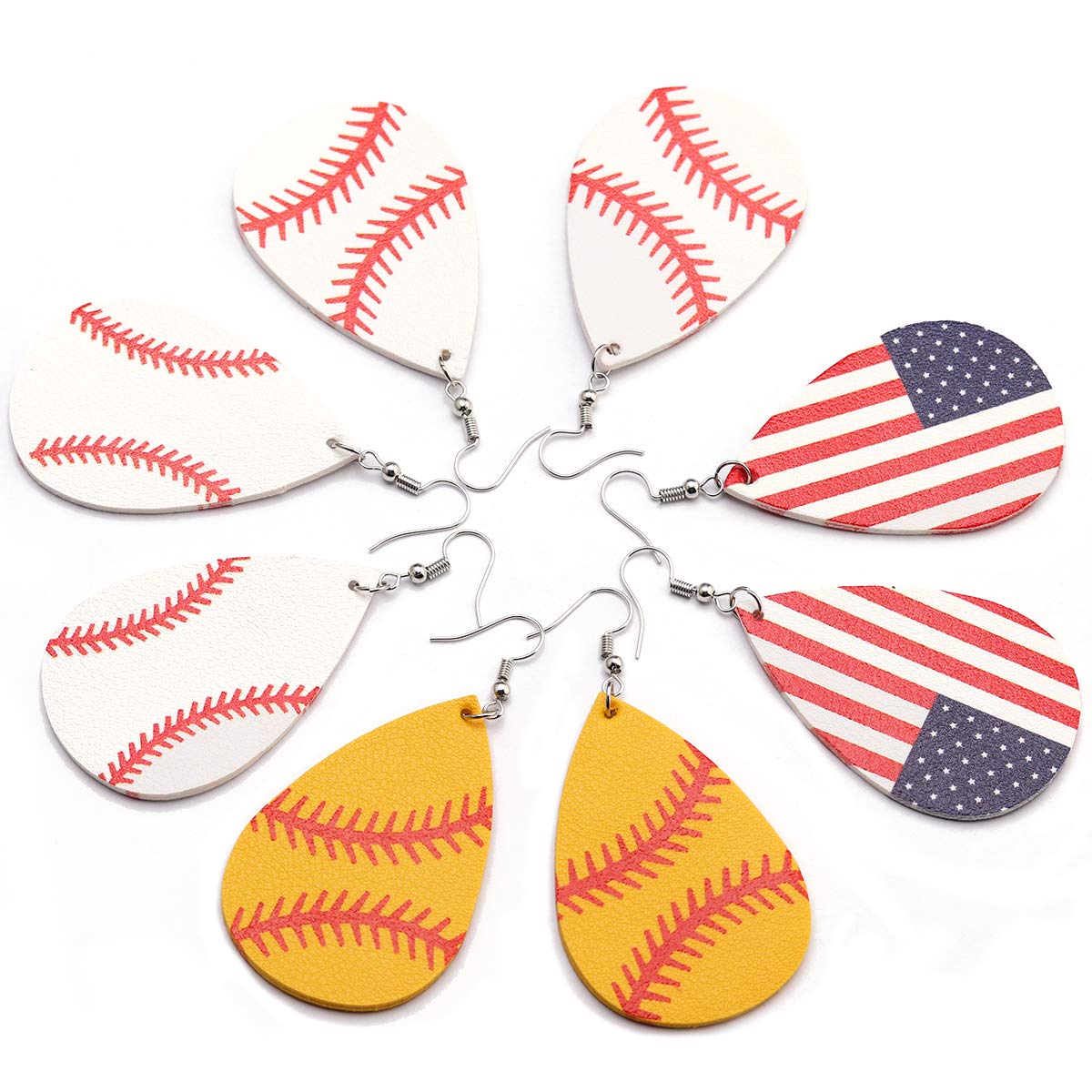 Baseball Leather Earrings for Women Lightweight Faux Leather Earrings Teardrop Ball Leather Dangle Earrings 4 Pairs