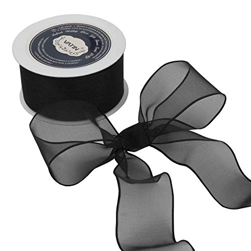 VATIN Christmas Ribbon Sheer Organza Wired Ribbon 1-1/2 inch 25 Yards (75Ft) -Black ,Perfect for Making Bows and Wreaths
