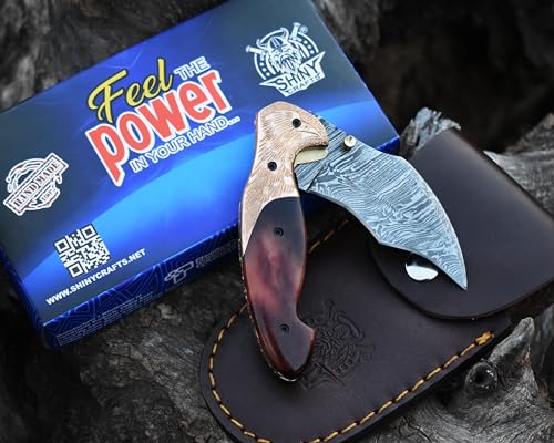 SHINY CRAFTS -Damascus Pocket Knife Knives For Men OTF Knife Survival Knife- Folding Knives - Everyday Carry - PlainEdge - Leather Sheath (FK 04)
