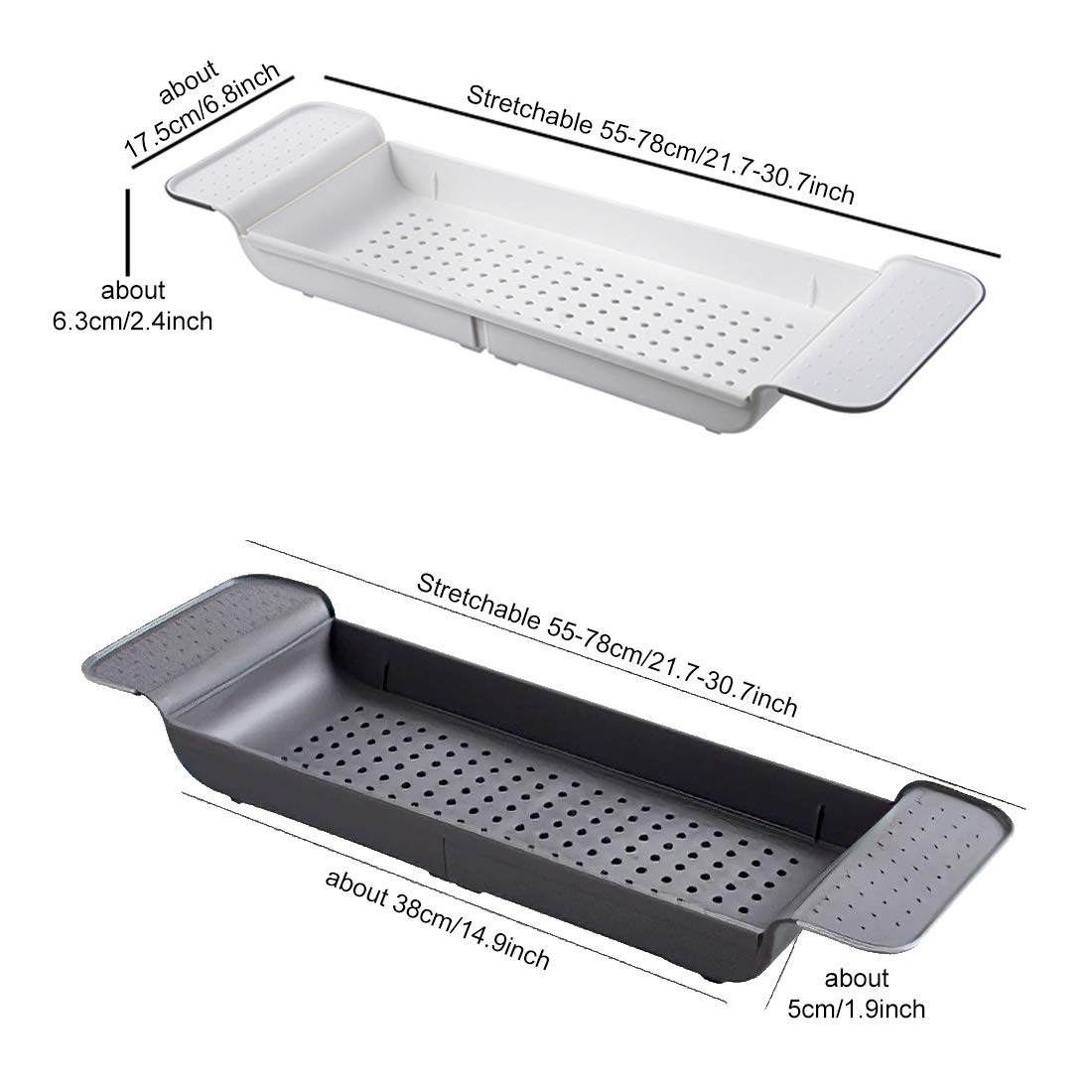Expandable Bath Shelf Bathtub Caddy Tray Adjustable Plastic Shower Organizer Trays Extending Home Bathroom Sides Bath Tub Caddy Tray Rack Soap Shower Storage Kitchen Wine Tray Holder SPA Ttray (Gray)