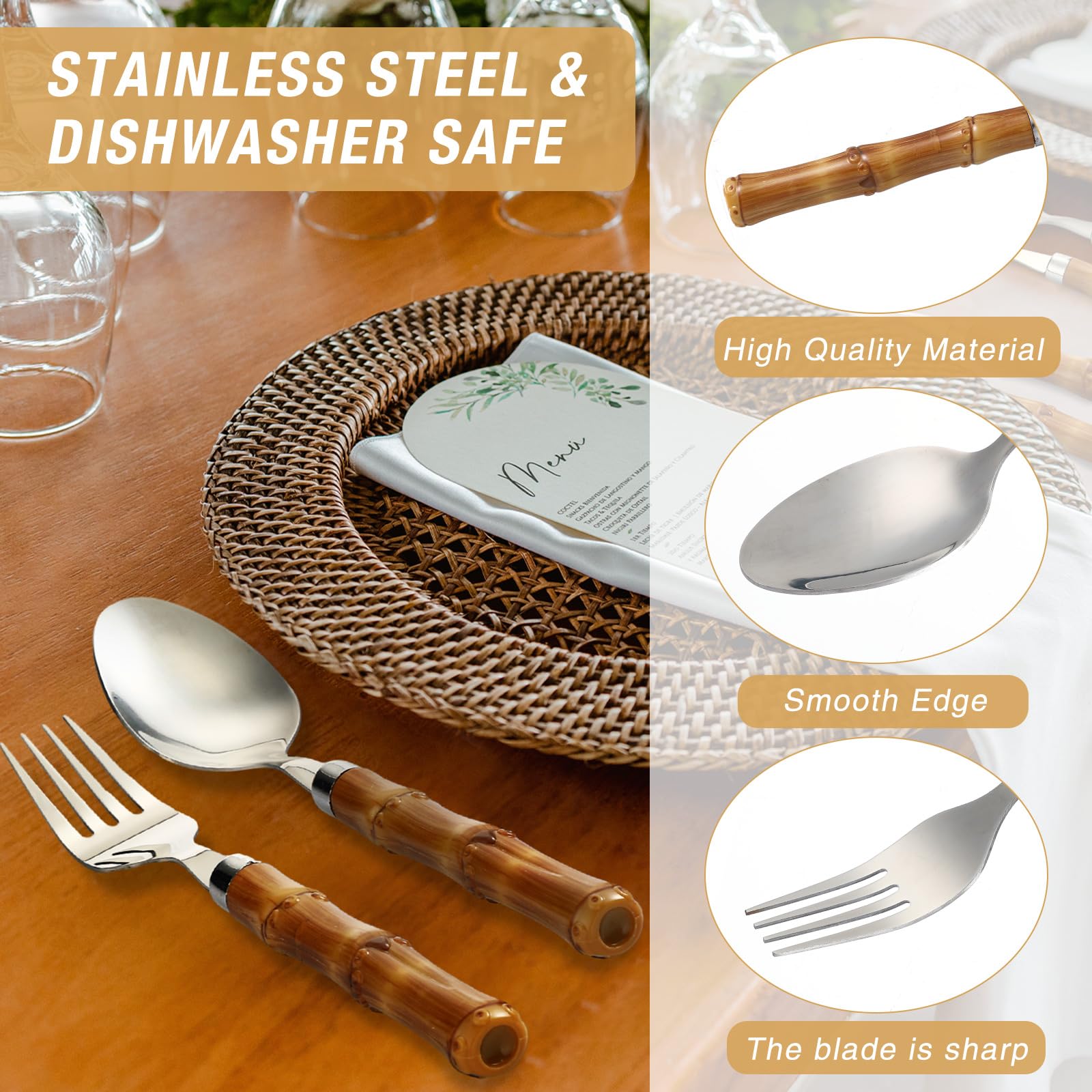Bokon 24 Pcs Bamboo Silverware Set Bamboo Utensils Set for 2 Include 12 Pcs Spoons 12 Pcs Forks Bamboo Flatware Set Natural Bamboo Cutlery Dishwasher Safe Stainless Steel Silverware Set