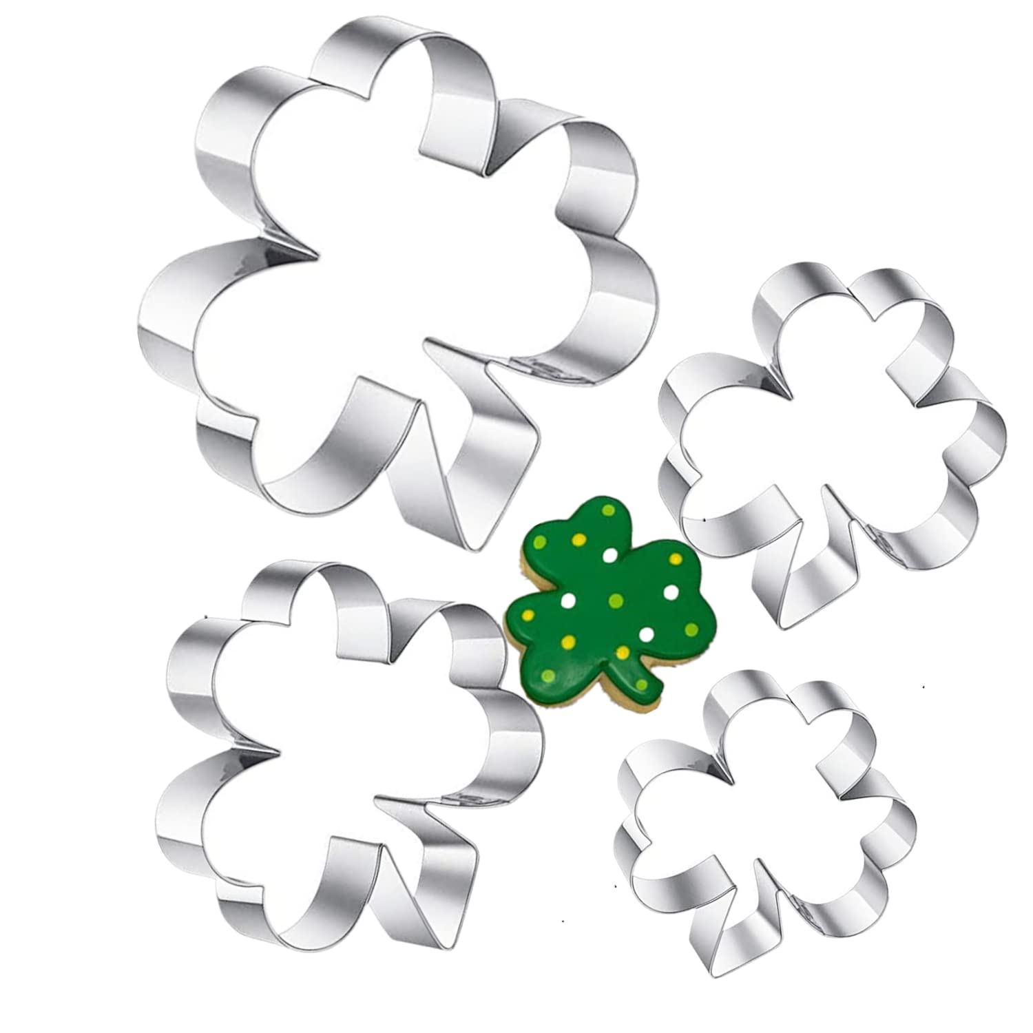 Clover Cookie Cutter Set, 4-Piece Patrick's Day Shamrock Cookie Cutter Set, Irish Holiday Party Supplies4'', 3.2'', 1.85'', 1.3''