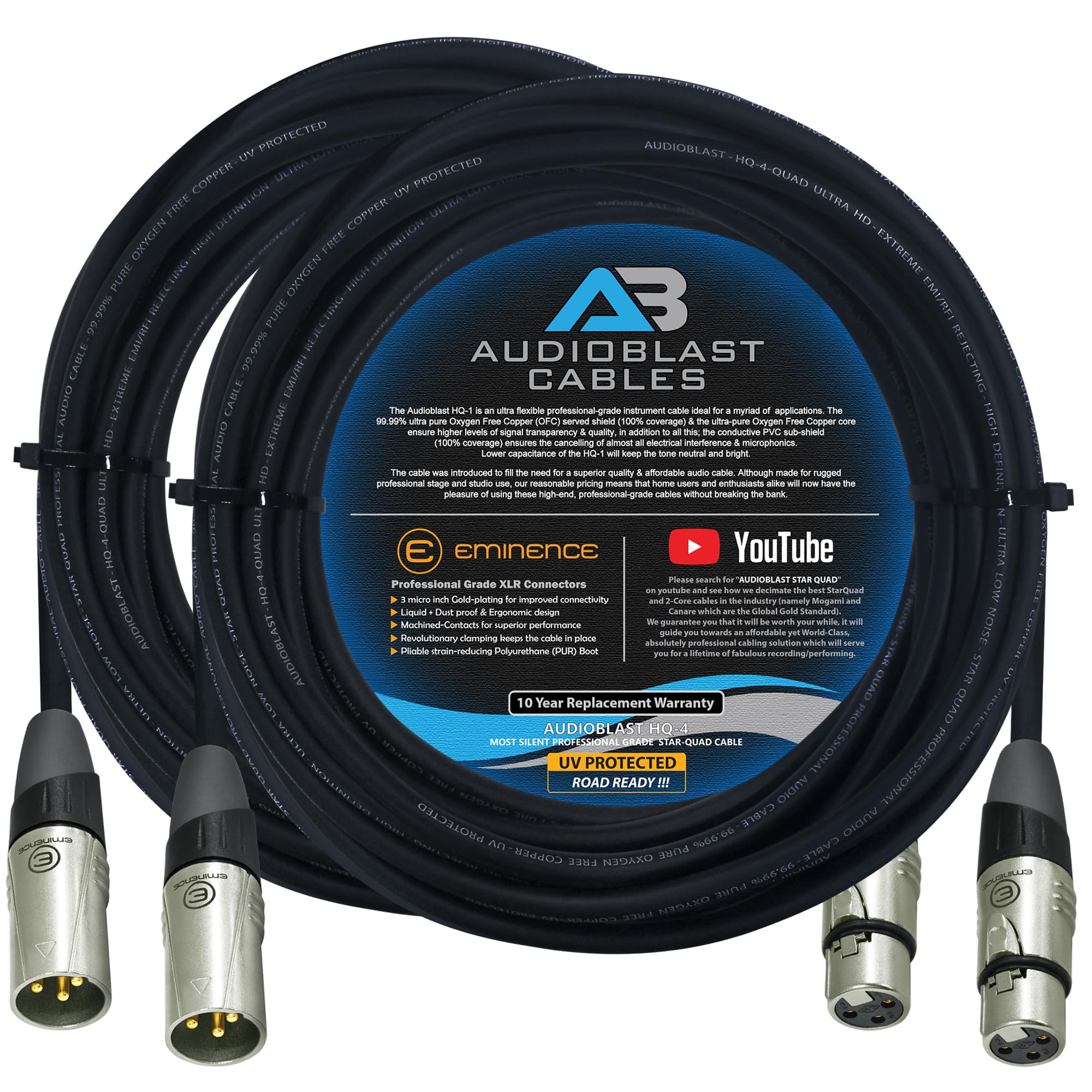 Audioblast - 2 Units - 18 Foot - HQ-4 - Star Quad Balanced Male to Female Microphone Cables with Eminence E311 & E312 Gold XLR Connectors β UV Protected & Road Ready
