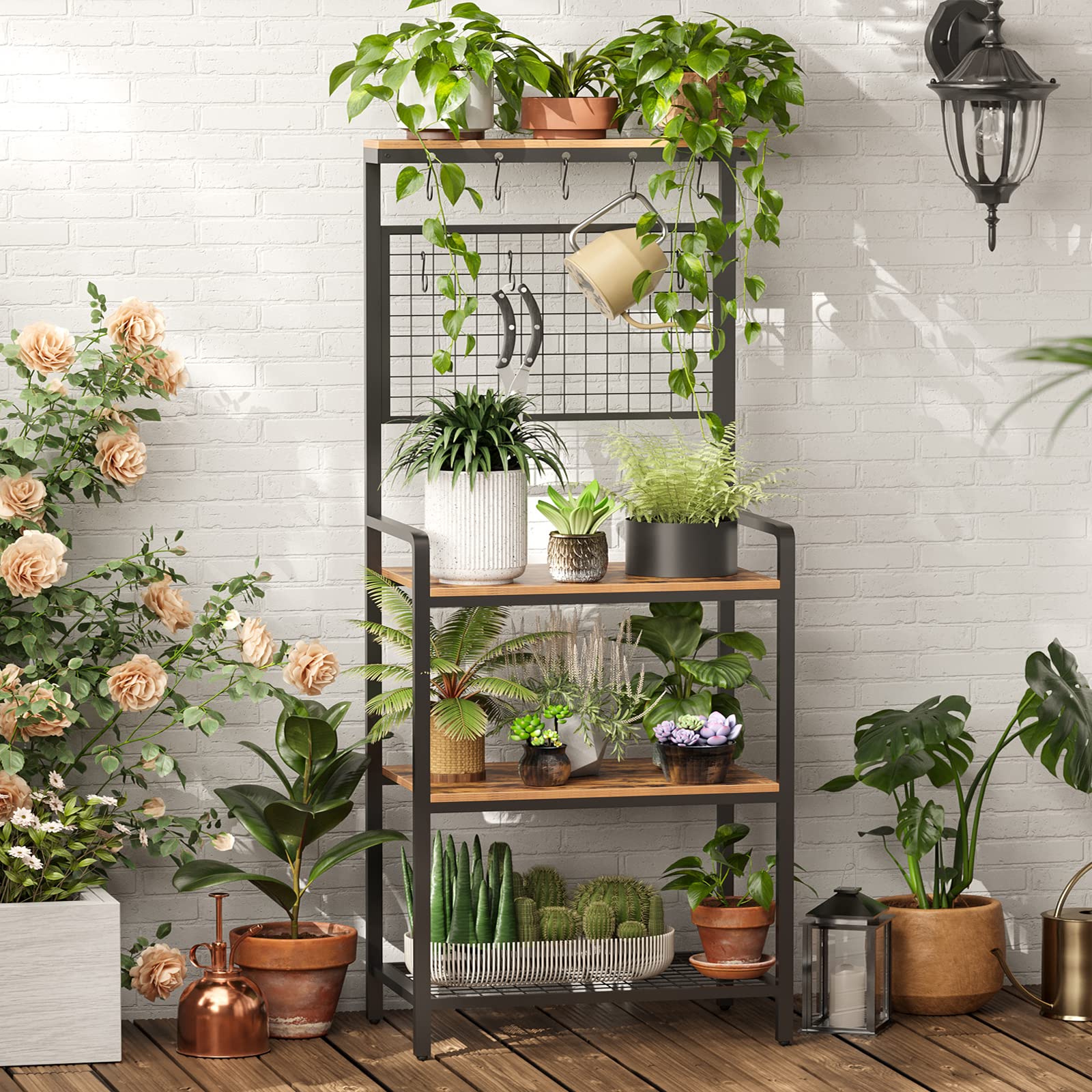 BEEWOOT Bakers Rack, Coffee Bar, Microwave Oven Stand with Shelf, Utility Storage Shelf for Spices, Pots, and Pans, Workstation with 11 Hooks, Stable Metal Frame, Rustic Brown BR01BB007