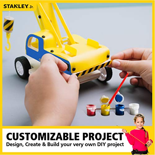 Stanley Jr. STANLEY Jr DIY Yellow Lifting Crane Kit for Kids - Easy Assembly Crane Building Kit - Wood Crane Toy Craft - Wood, Paint & Decals Included