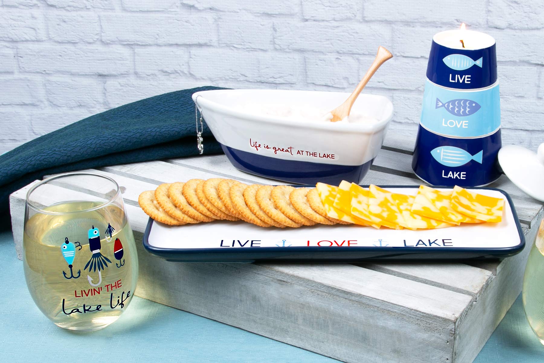 Pavilion - Life Is Great At The Lake - 12 Oz Stoneware Boat Dish Server With Wooden Oar Scoop,Blue