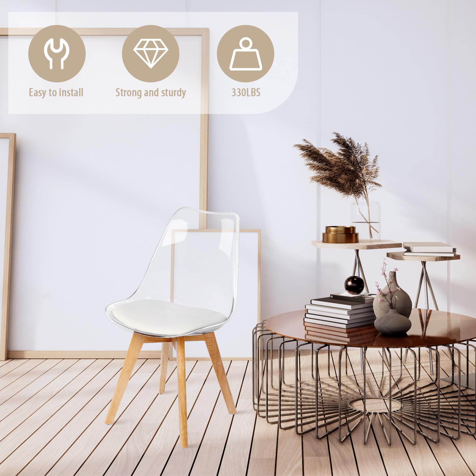 Barydat Clear Dining Chairs Set of 4, Modern Kitchen Acrylic Chairs Transparent Chair with PU Leather Seat Cushions and Solid Beech Legs for Banquet Living Room Bedroom and Office(Clear)