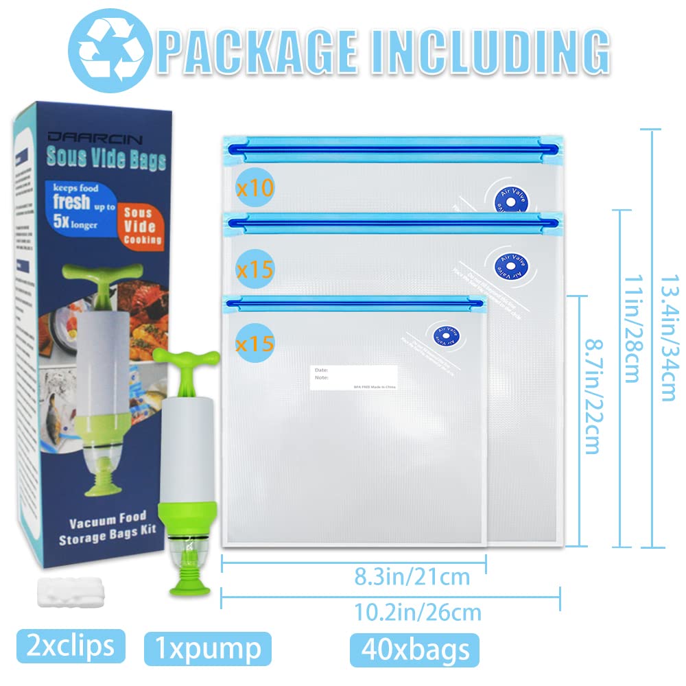 Daarcin 3 Size 40pcs Sous Vide Bags BPA Free Reusable Vacuum Sealer Bags Kit Keep Food Flesh with 1 Vacuum Hand Pump and 2 Sealing Clips