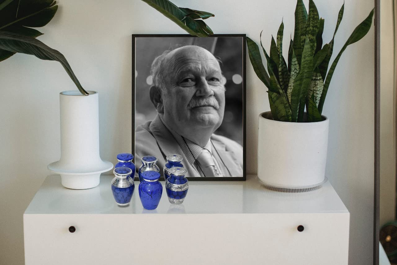 BOLD & DIVINE Small Cremation Urns for Human Ashes | Set of 6-3 Cubic Inches | Mini Keepsake Blue and Silver with Velvet Case