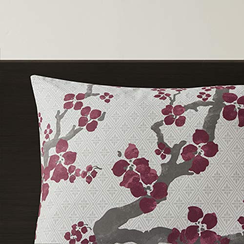 N Natori Cherry Blossom Duvet Cover Queen Size - Red, Grey , Cherry Blossom Duvet Cover Set β 3 Piece β 100% Cotton Sateen Light Weight Bed Comforter Covers