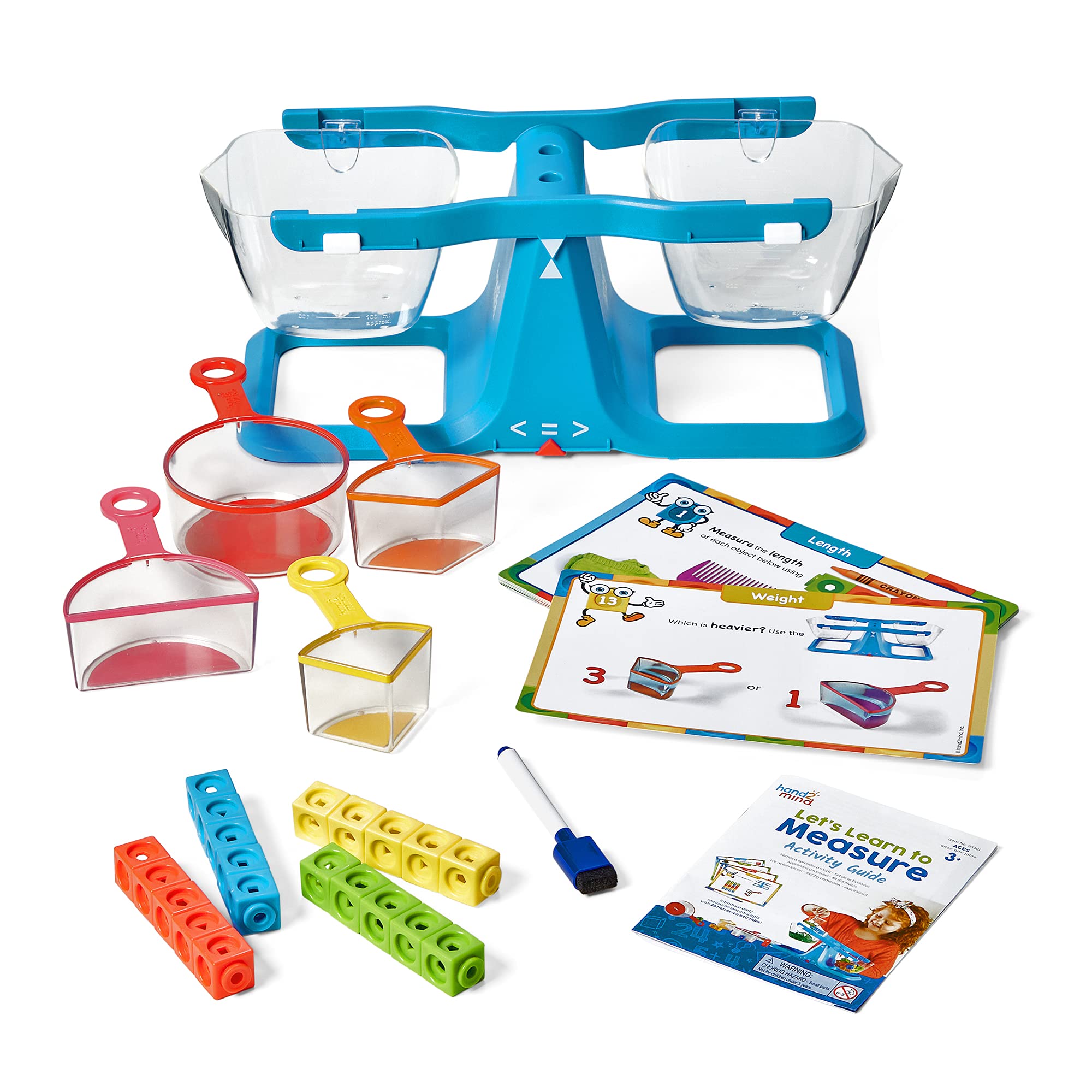 hand2mind Let's Learn to Measure Activity Set, Kids Measuring Cups, Bucket Balance, MathLink Cubes and Activity Cards Set, Teacher Supplies, Classroom Supplies, Preschool Learning, Toddler Learning