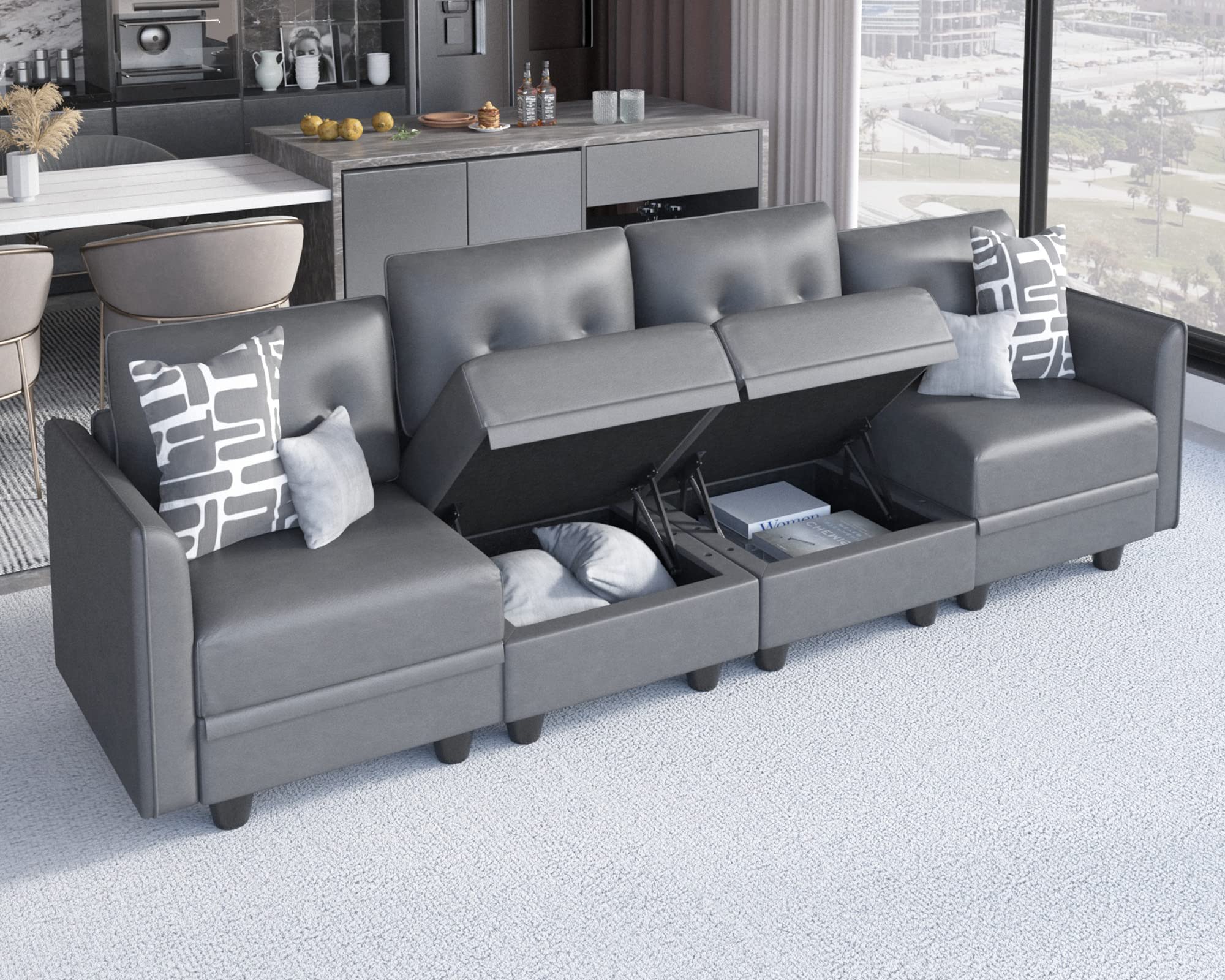 LLappuil Modular Sofa Faux Leather Fabric 102" Sectional Couch 4 Seater with Storage Seat, Modern Sectional Sofa for Living Room, Office, Dark Grey