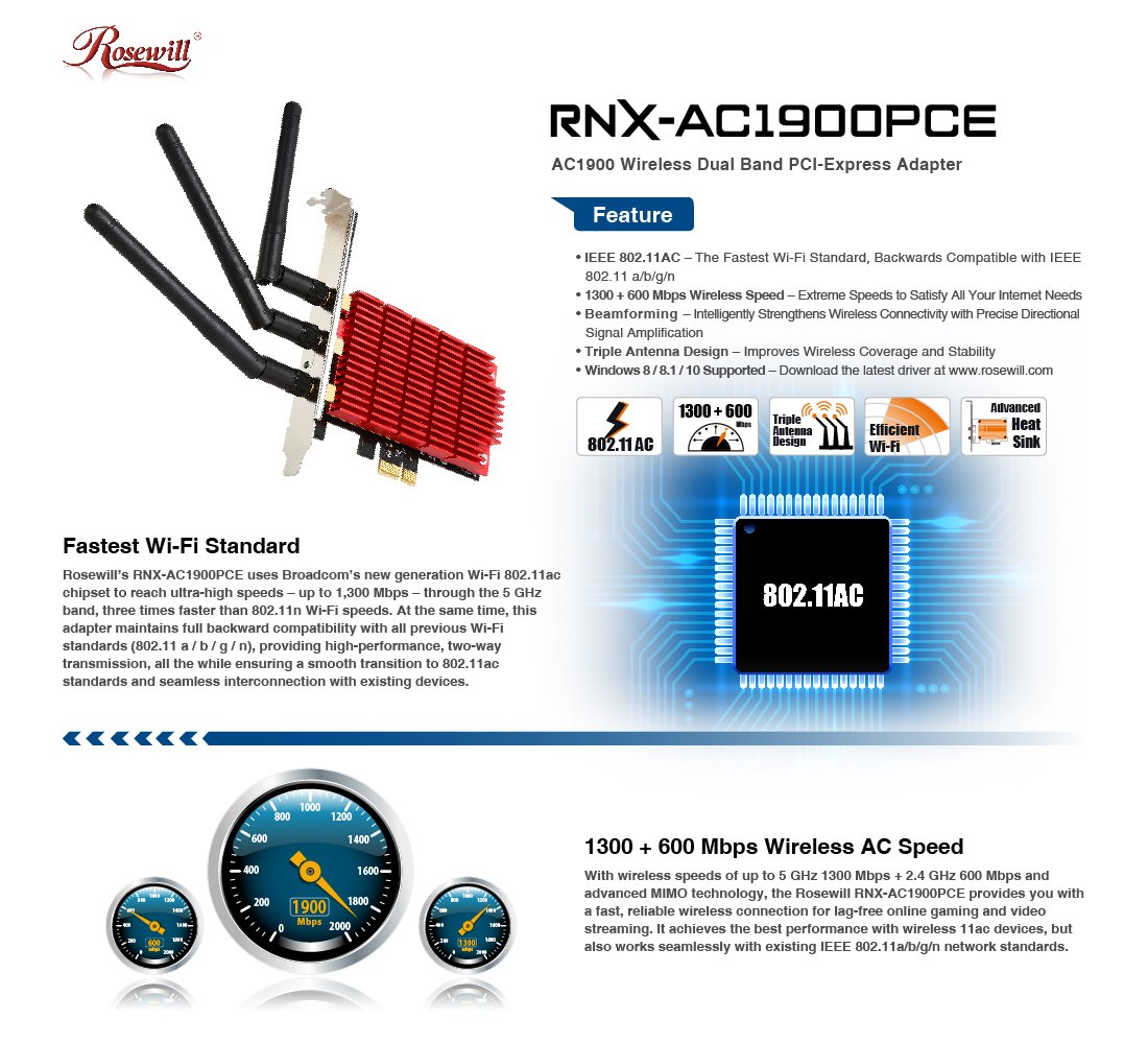 Rosewill RNX-AC1900PCE Rnx-AC1900PCE, 802.11AC Dual Band AC1900 PCI Express WiFi Adapter/Wireless Adapter/Network Card, 11AC 1900Mbps