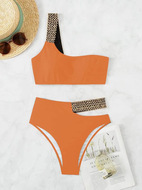 Avanova Women's Sexy One Shoulder Bikini Set Cut Out High Waisted 2 Piece Swimsuit Bathing Suit Orange Small
