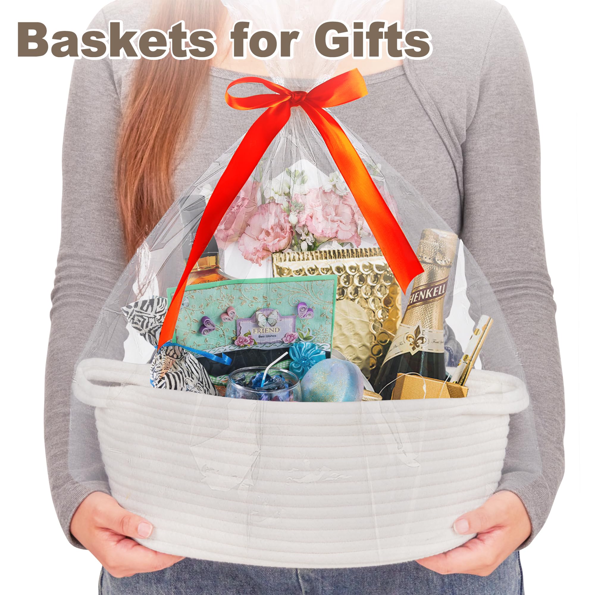 Bufims Small Woven Basket with Ribbons and Bags Durable Basket for Gifting Cute Gifts Basket 12"X 8" X 5" Small Rope Basket for Storage, White