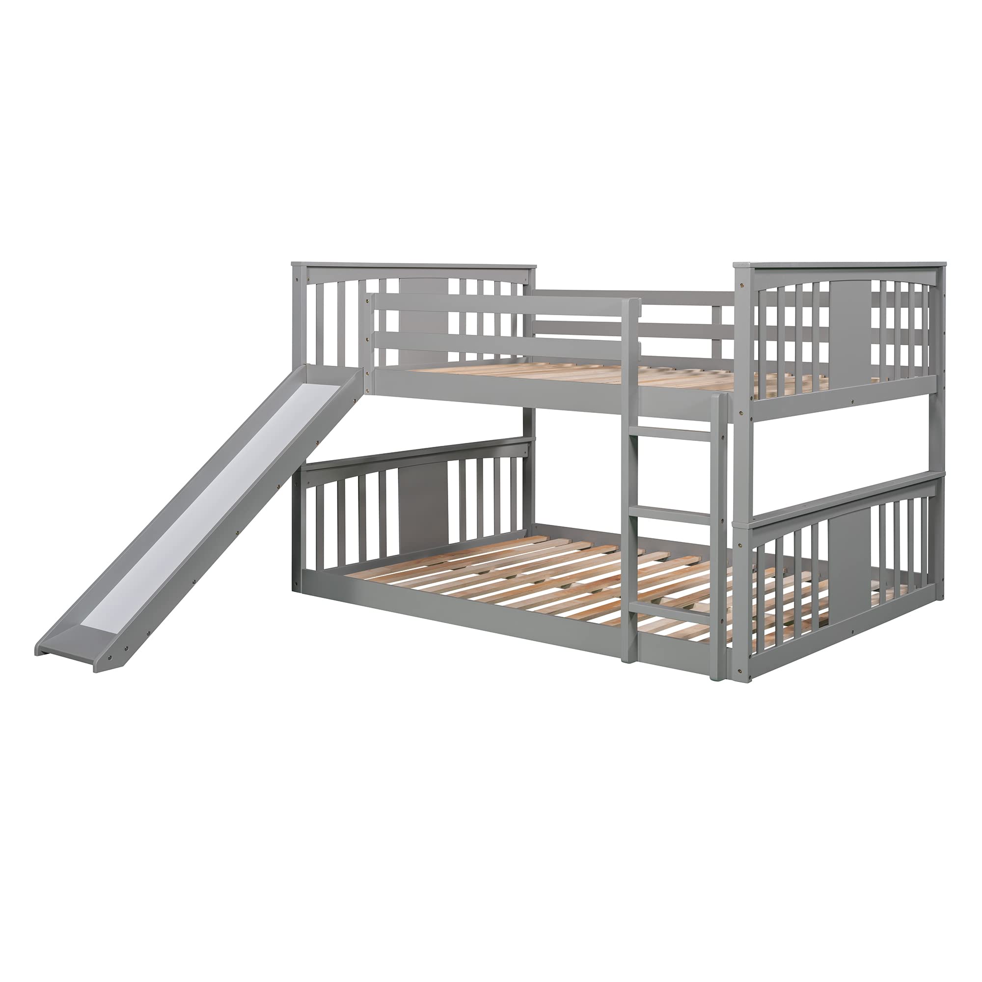 BIADNBZ Full Over Full Low Bunk Bed with Slide and Ladder, Wooden Floor Bunkbeds Frame for Kids Bedroom, Gray