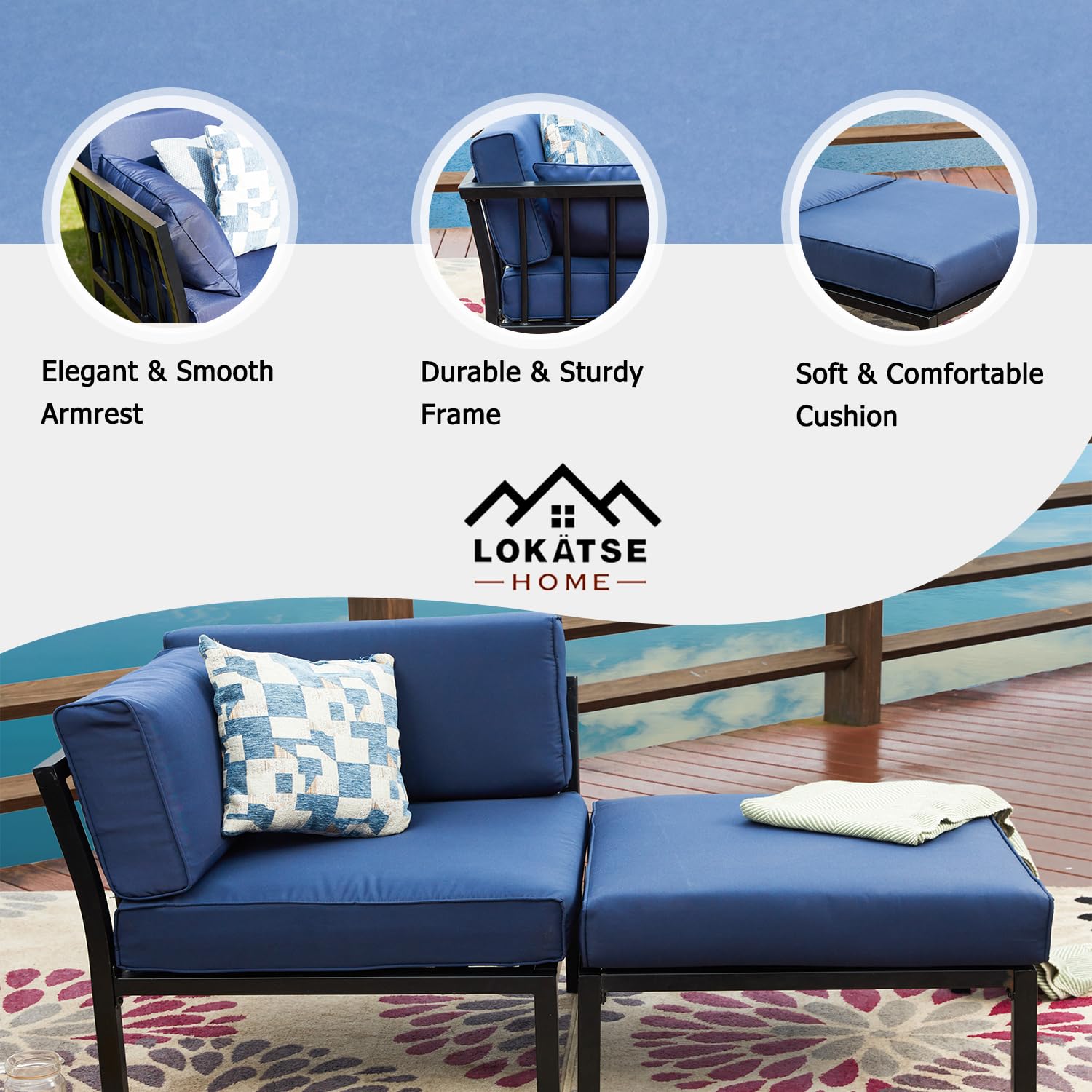 LOKATSE HOME 2 Piece Outdoor Patio Furniture Loveseat Couch with Corner Sofa and Metal Steel Frame Ottoman, Blue
