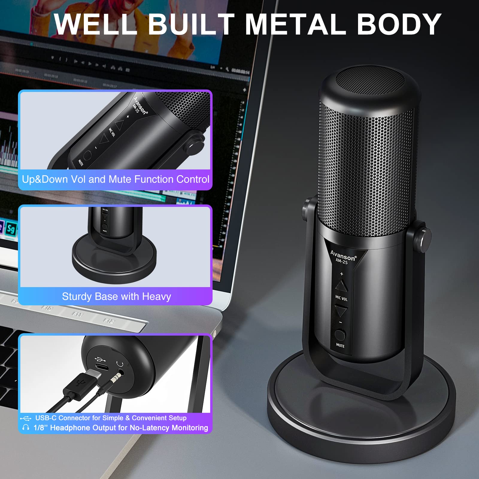 Avanson USB Condenser Microphone, Metal Build Desktop PC Recording Mic with Weighted Stand for Voice Overs Home Recording Podcasts Online Class Zoom YouTube Twitch Streaming, AM-25A