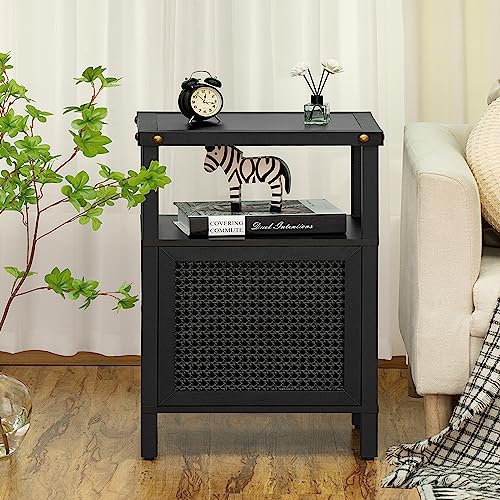 Lerliuo Rattan Nightstand, Side End Table with Handmade Natural Rattan Door and Open Shelf, Wood Accent Night Stand with Storage, Mid Century Modern Bedside Table for Bedroom, Living Room (Black)
