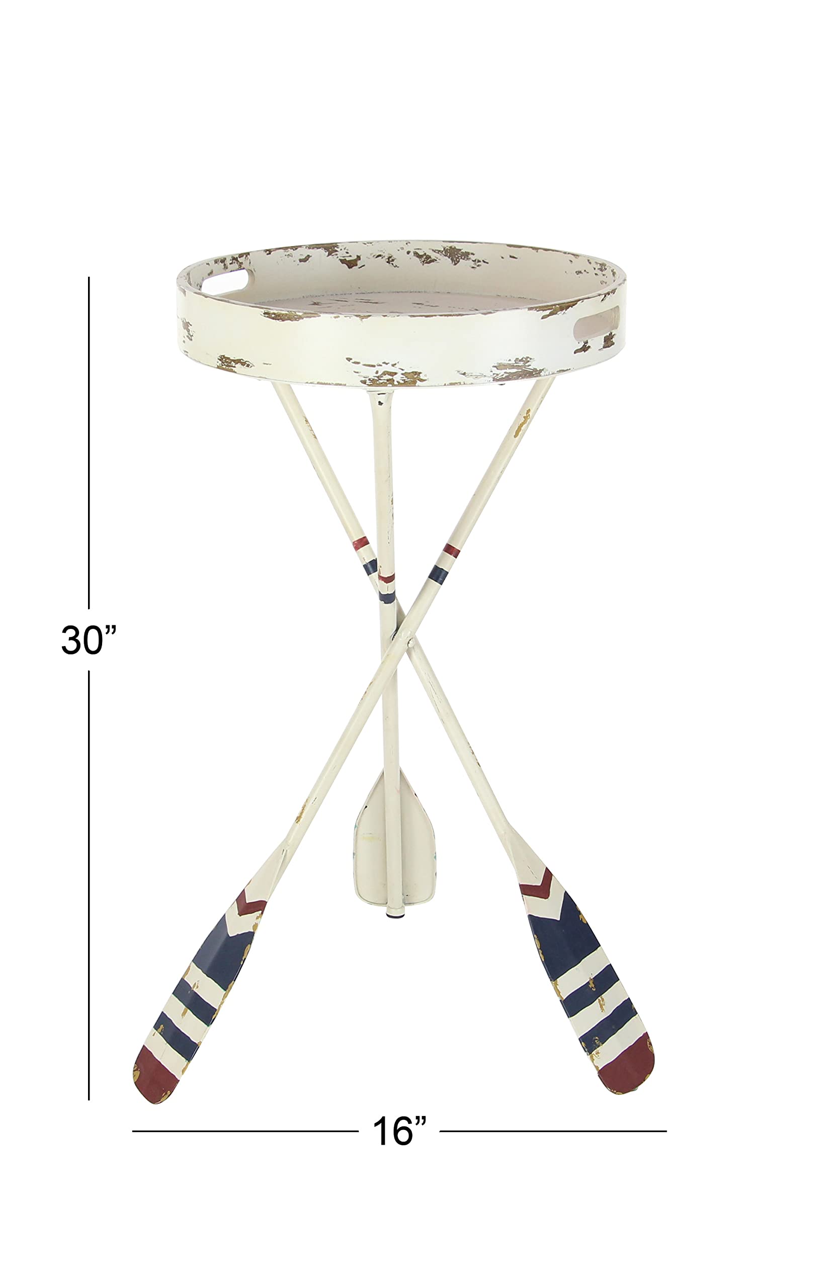 Deco 79 Metal Paddle Side End Accent Table Distressed Striped End Table with Navy and Red Striped Oar Legs, Side Table 16" x 16" x 28", White