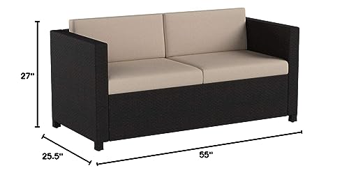 Christopher Knight Home Puerta Outdoor Wicker Loveseat with Cushions, Dark Brown / Beige Cushions