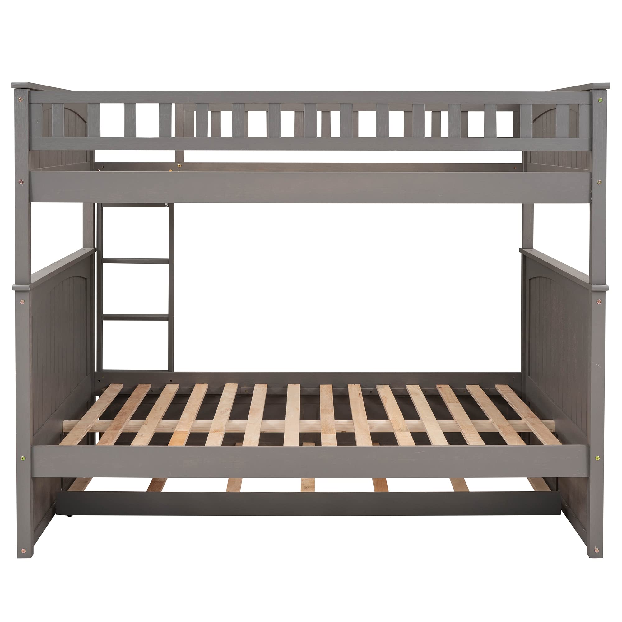 BIADNBZ Full-Over-Full Bunk Bed with Twin Size Trundle, Ladders and Full-Length Guardrail,Solid Pine Wood Bedframe for Bedroom Dorm, for Kids Teens,No Box Spring Needed,Brushed Gray