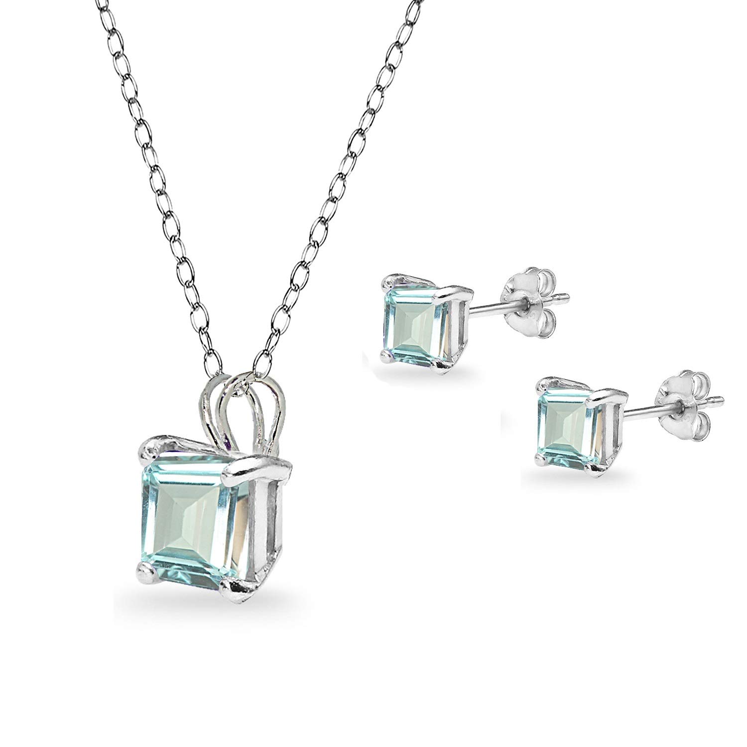 B. BRILLIANT Sterling Silver Aquamarine Square Solitaire Necklace & Stud Earrings Jewelry Set for Women