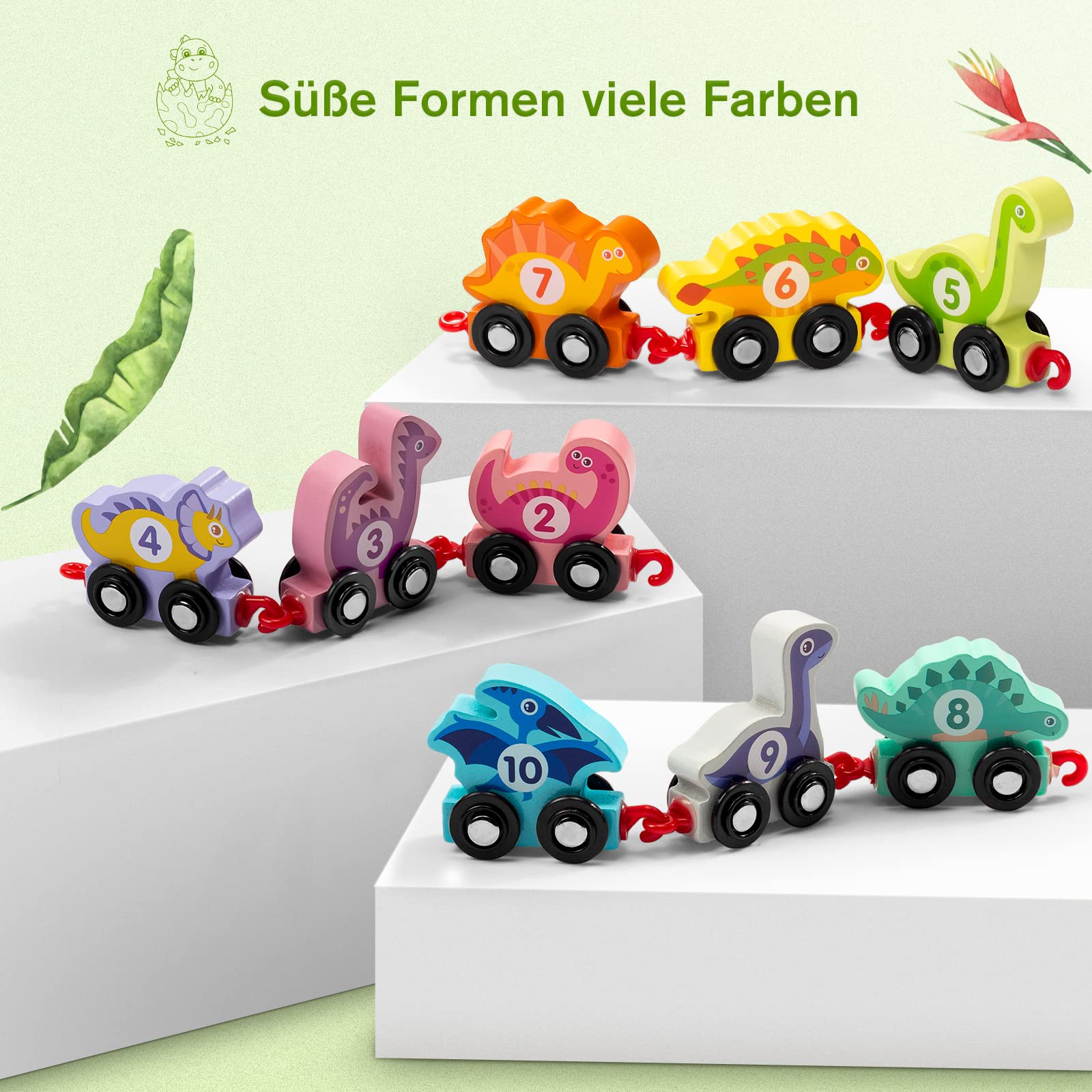 Wooden Dinosaur Numbers Train Game for Toddlers 3 Years Old,Early Education Learning Calculation Block Kit Toys for Boys & Girls Birthday Gift.