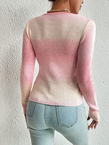 Floerns Women's Ombre Print Long Sleeve V Neck Rib Knit Pullovers Sweater Top Pink M