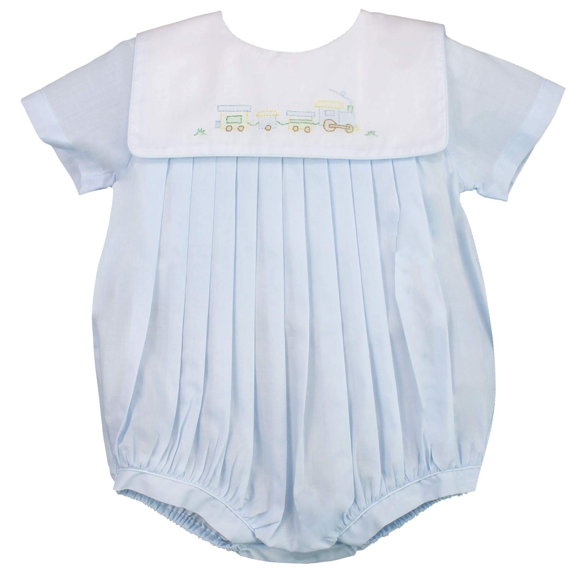 Petit Ami Baby Boys' Square Collar Romper with Train Embroidery, 6 Months, Blue