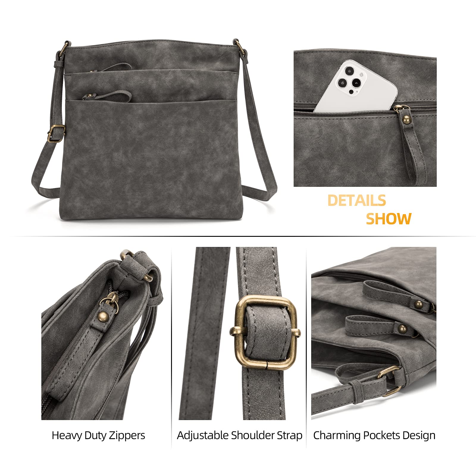 KouLi Buir Crossboby Bags for Women Soft PU Leather Purses Shoulder Handbags Tin Grey