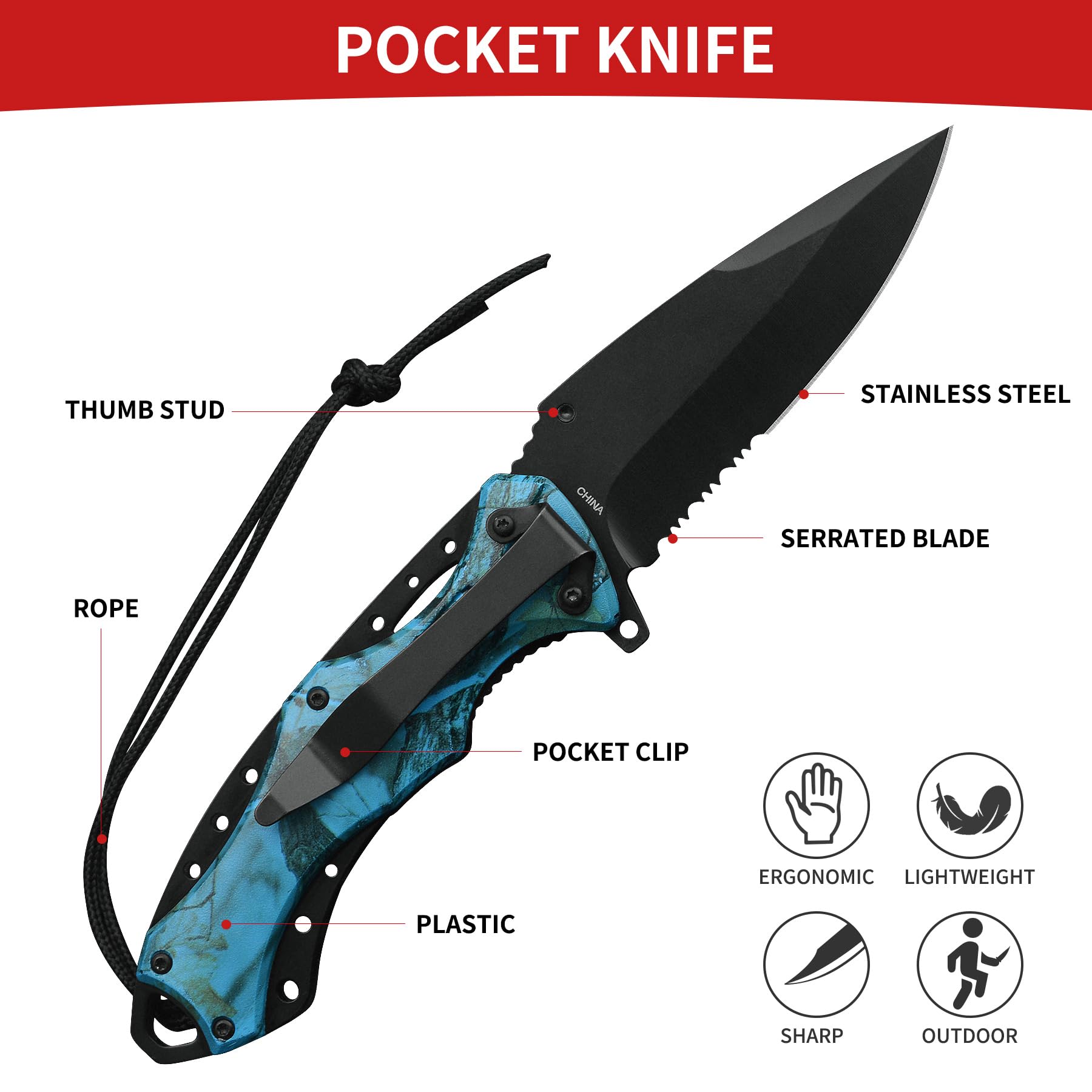 CULITECH 4.7 inch Razor Sharp Folding Knife, Pocket Knife With Serrated Blade, Rope Handle American Flag Knives For Camping, Hiking, EDC