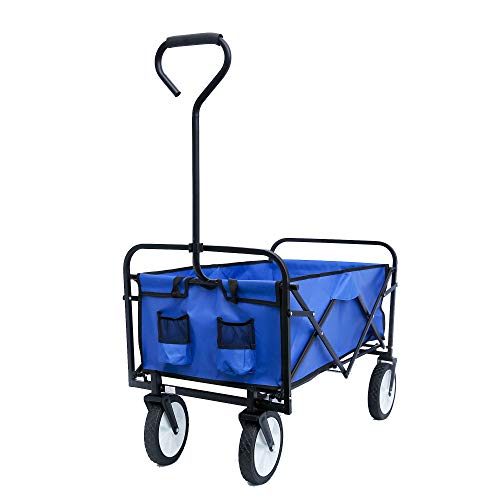Collapsible Outdoor Utility Wagon Cart with Cup Holder, Large Capacity Folding Garden Shopping Cart,Heavy Duty Foldable Cart, for Activities, Parks, Camping (Blue)