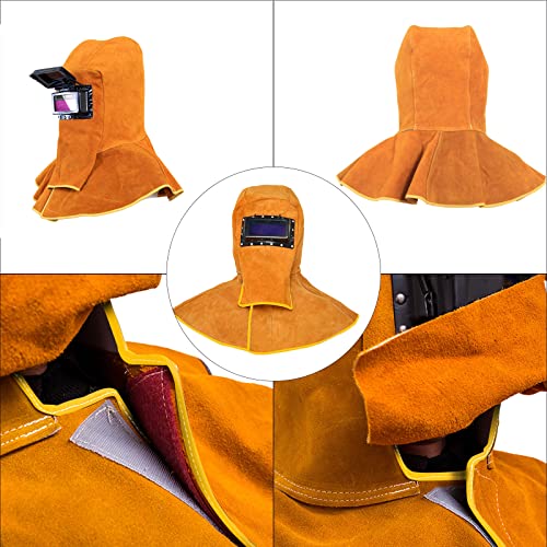 CDIYTOOL Full Protective Cowhide Leather Welder Hood Welding Helmet With Neck Shoulder Protective Gear, Welding Caps Welding Helmet with Auto Darkening Filter Lens Mask Work Cap